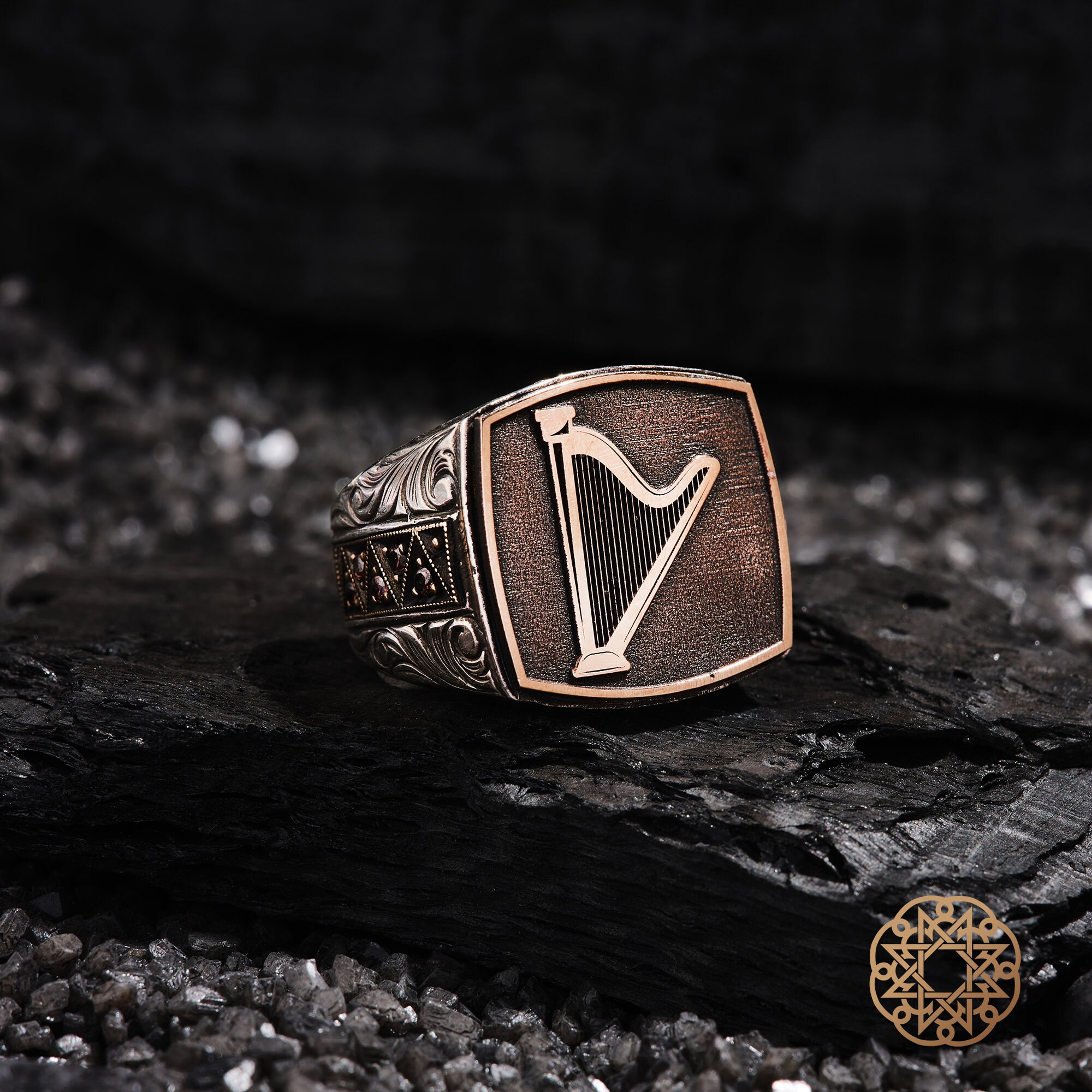 Harp Engraved Musician Ring, Unique Handmade Ring, Engraved Sterling ...