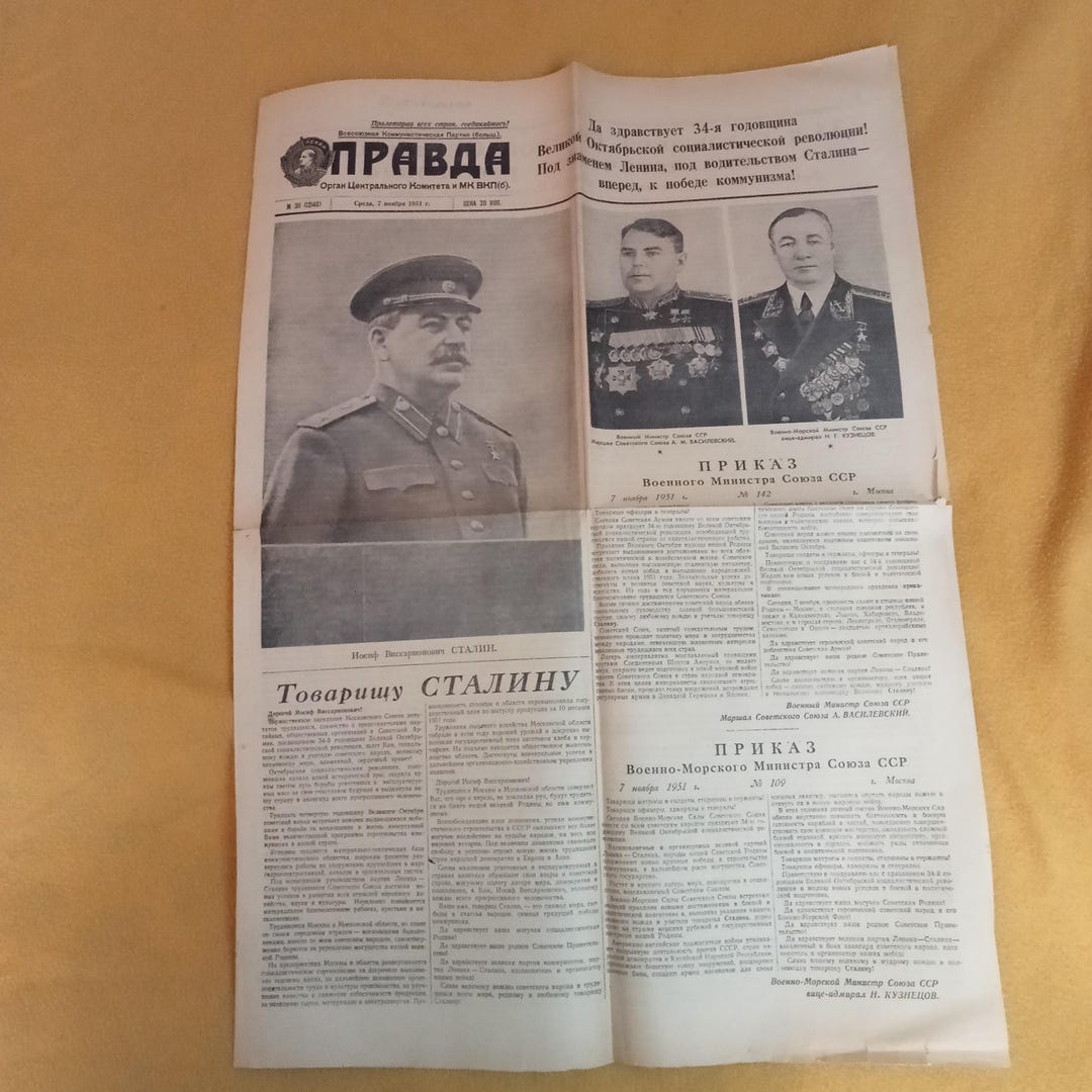 Original Pravda Newspaper, 1951, Stalin, Marshal Vasilevsky, Kuznetsov, 32nd Anniversary of the ...