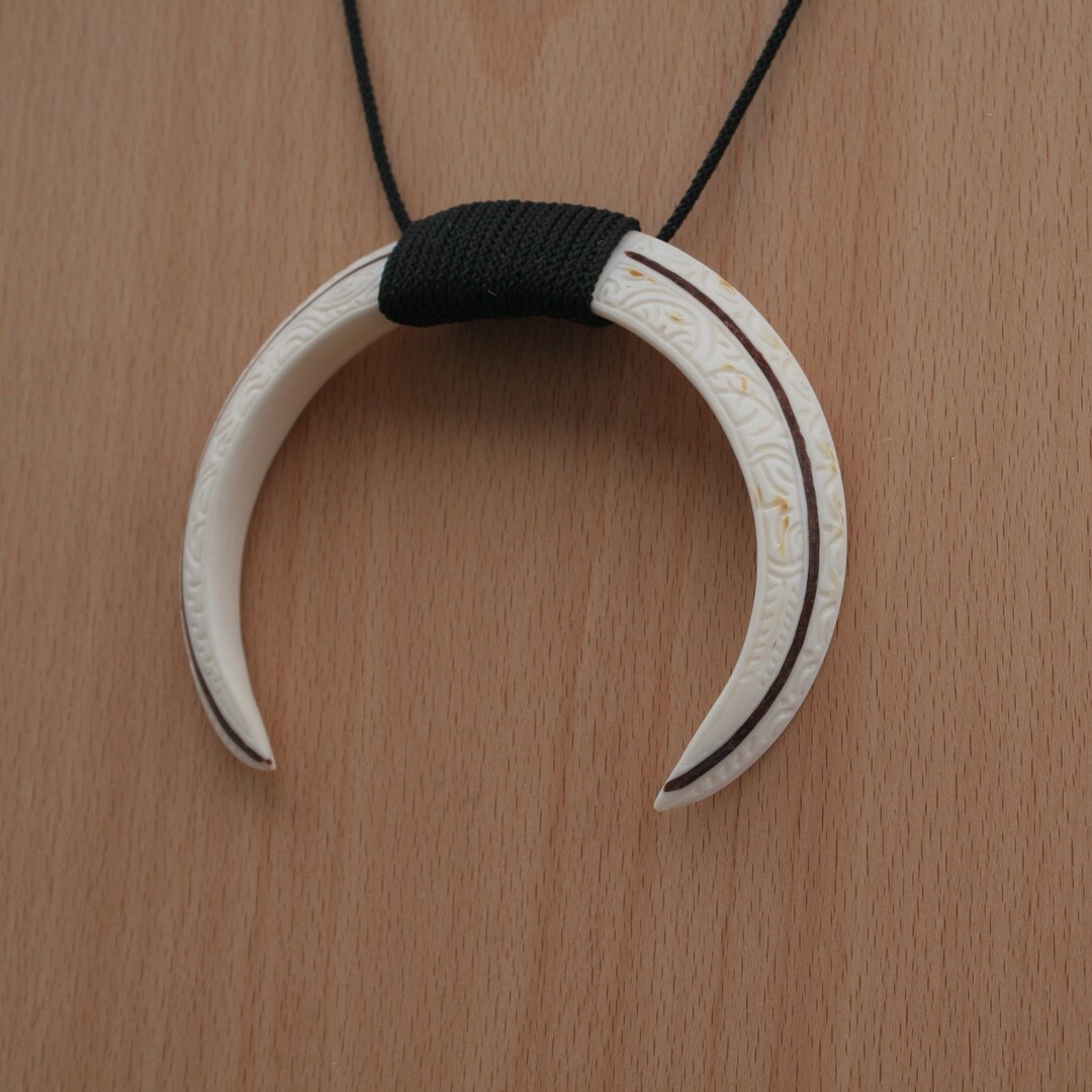 Inlayed Hand Carved Boar Tusk Marquesan Necklace Pig Teeth Polynesian ...