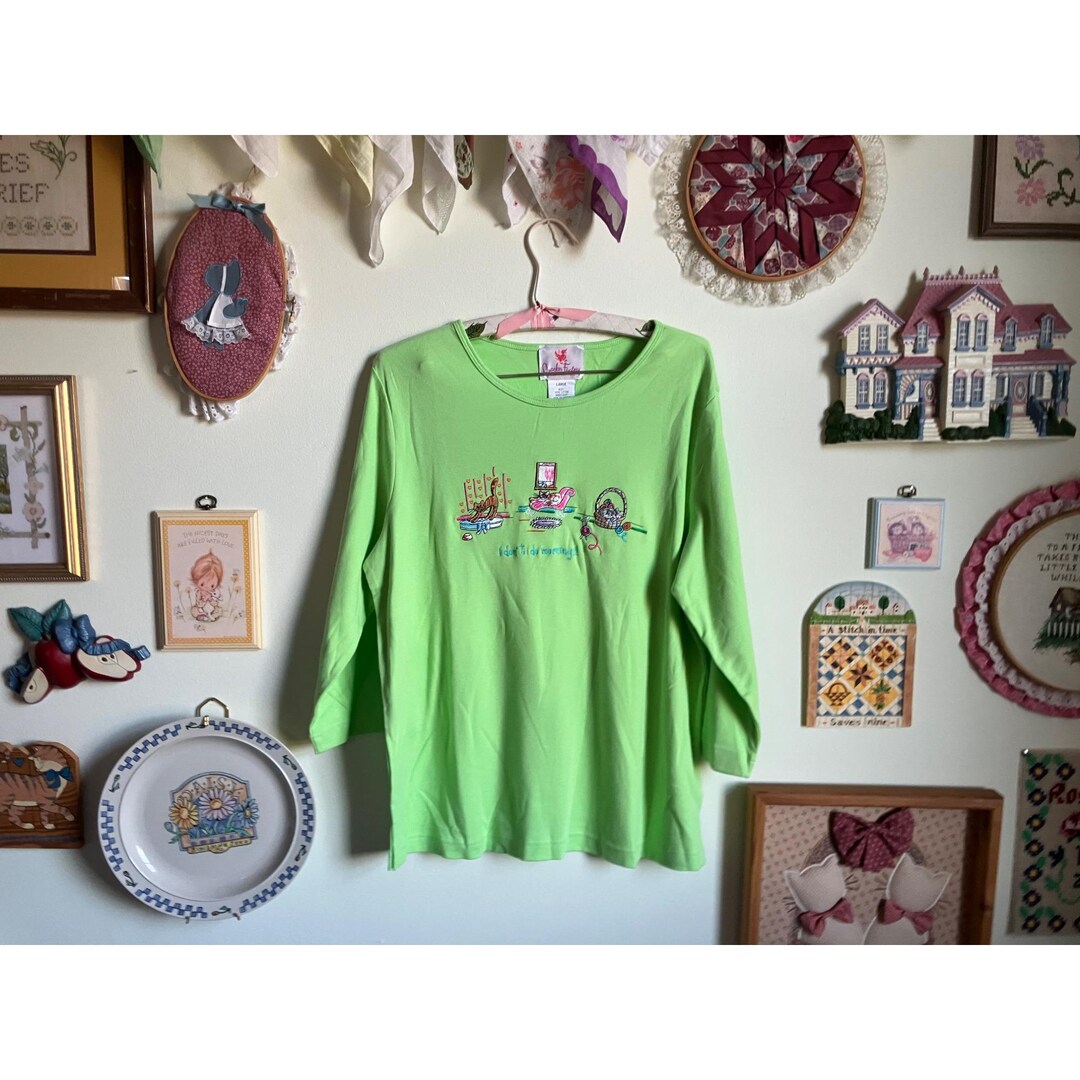 Y2K VTG Lime Green Quacker Factory I Don't Do Mornings Embroidered Cat ...