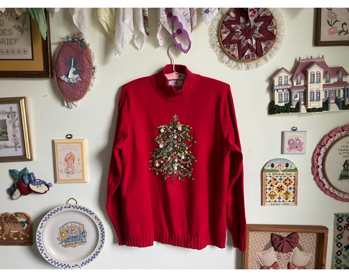 90's/y2k VTG Quacker Factory Christmas Tree Beaded Turtleneck Sweater ...