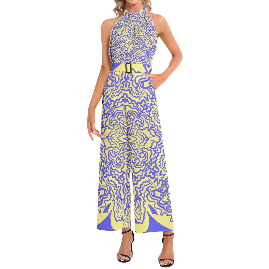 Halter Neck Buckle Belted Jumpsuit Inspired by the Amalfi Coast: Blue ...