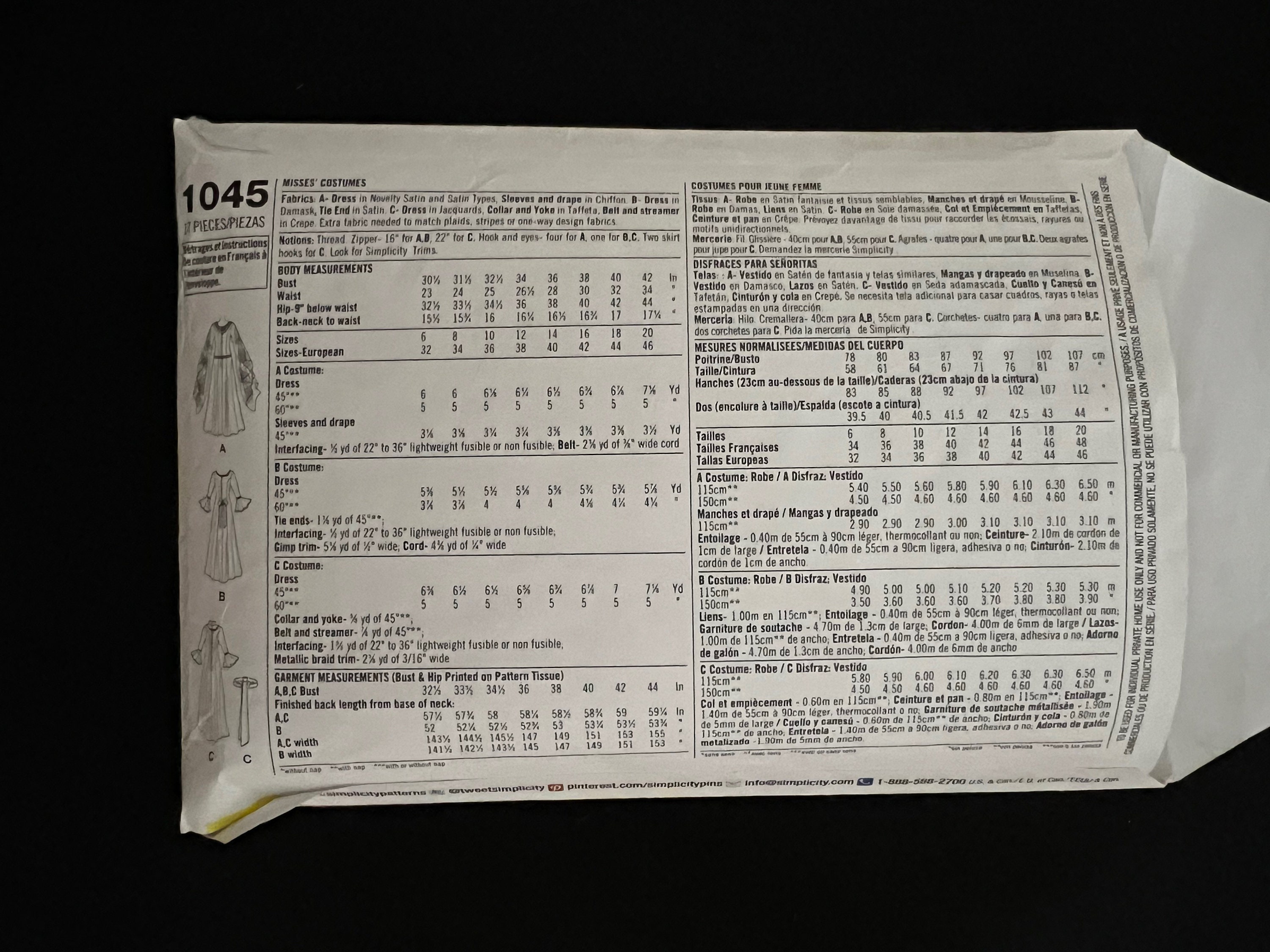 Simplicity 1045 HH Costume Pattern Misses' Sizes 6-8-10-12 Medieval ... Simplicity 1045 HH Costume Pattern Misses' Sizes 6-8-10-12 Medieval ...