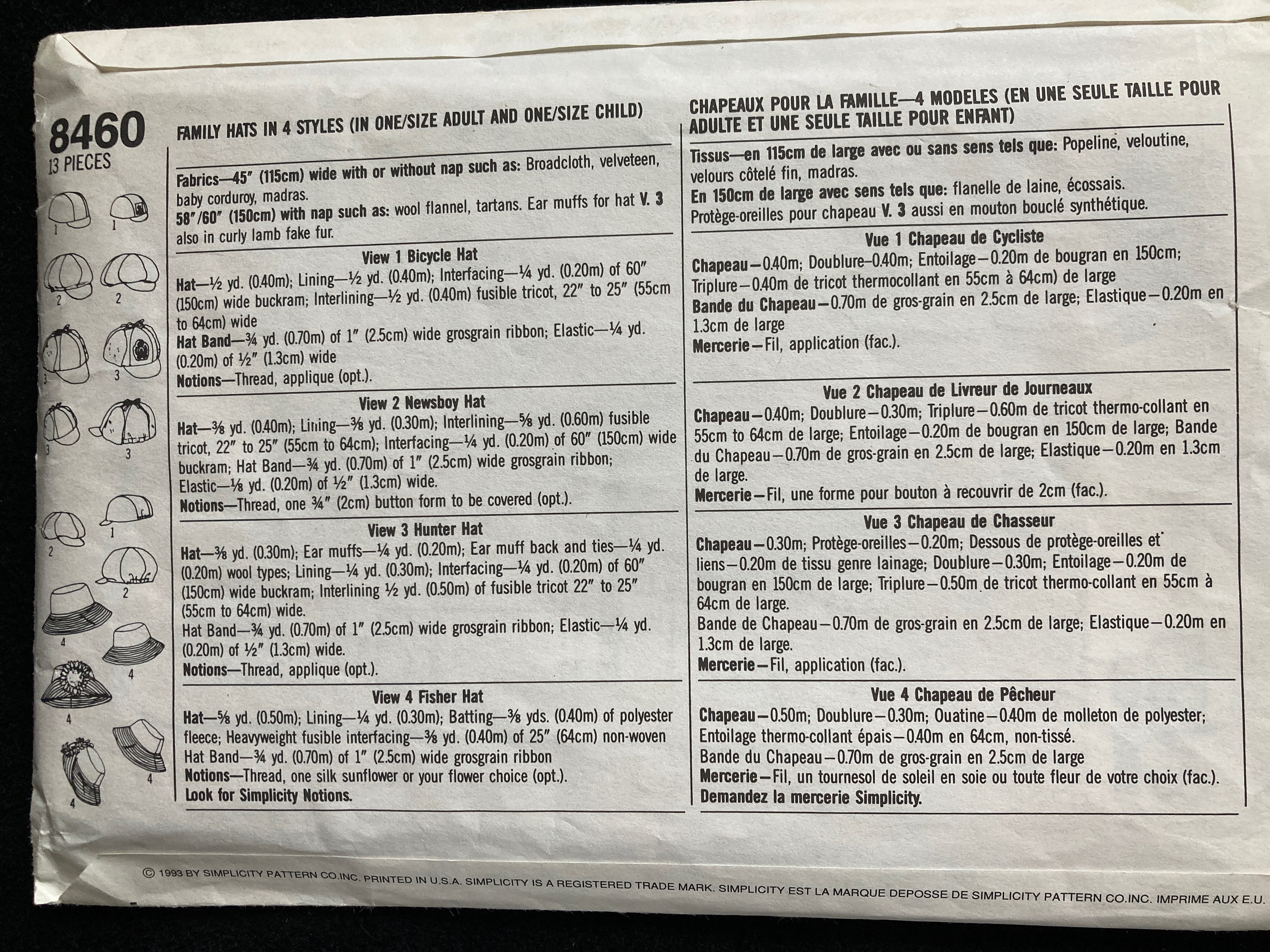 Vintage 1993 Simplicity 8460 Family Hats Pattern - Etsy