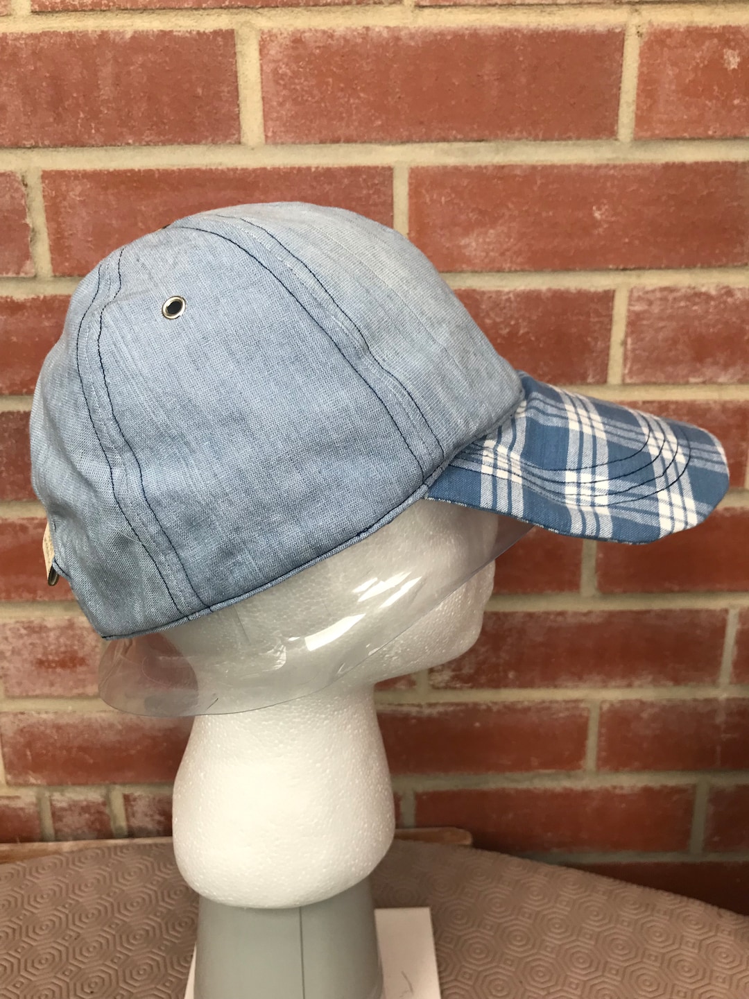 Hand Made Faded Blue Baseball Cap With Blue Checked Brim and Cream ...