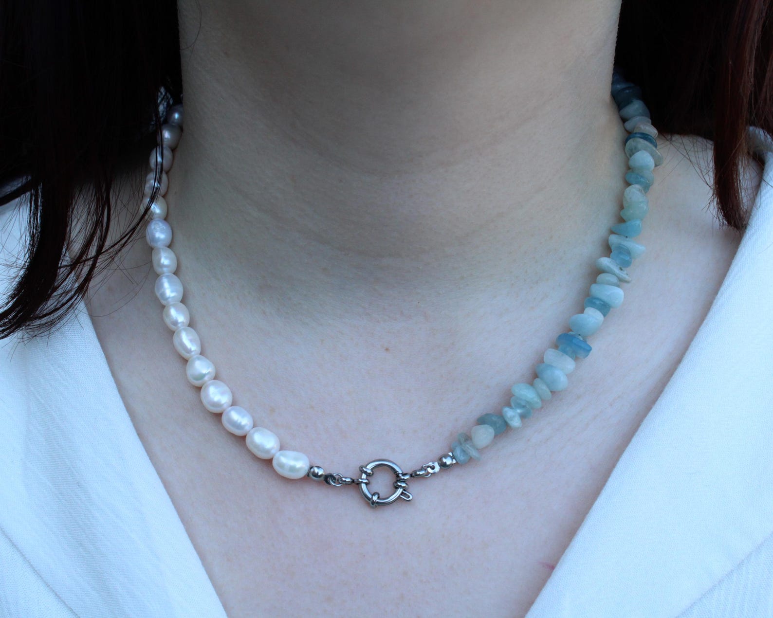 Freshwater Pearl and Blue Aquamarine Gem Chip Handmade Half and Half ...