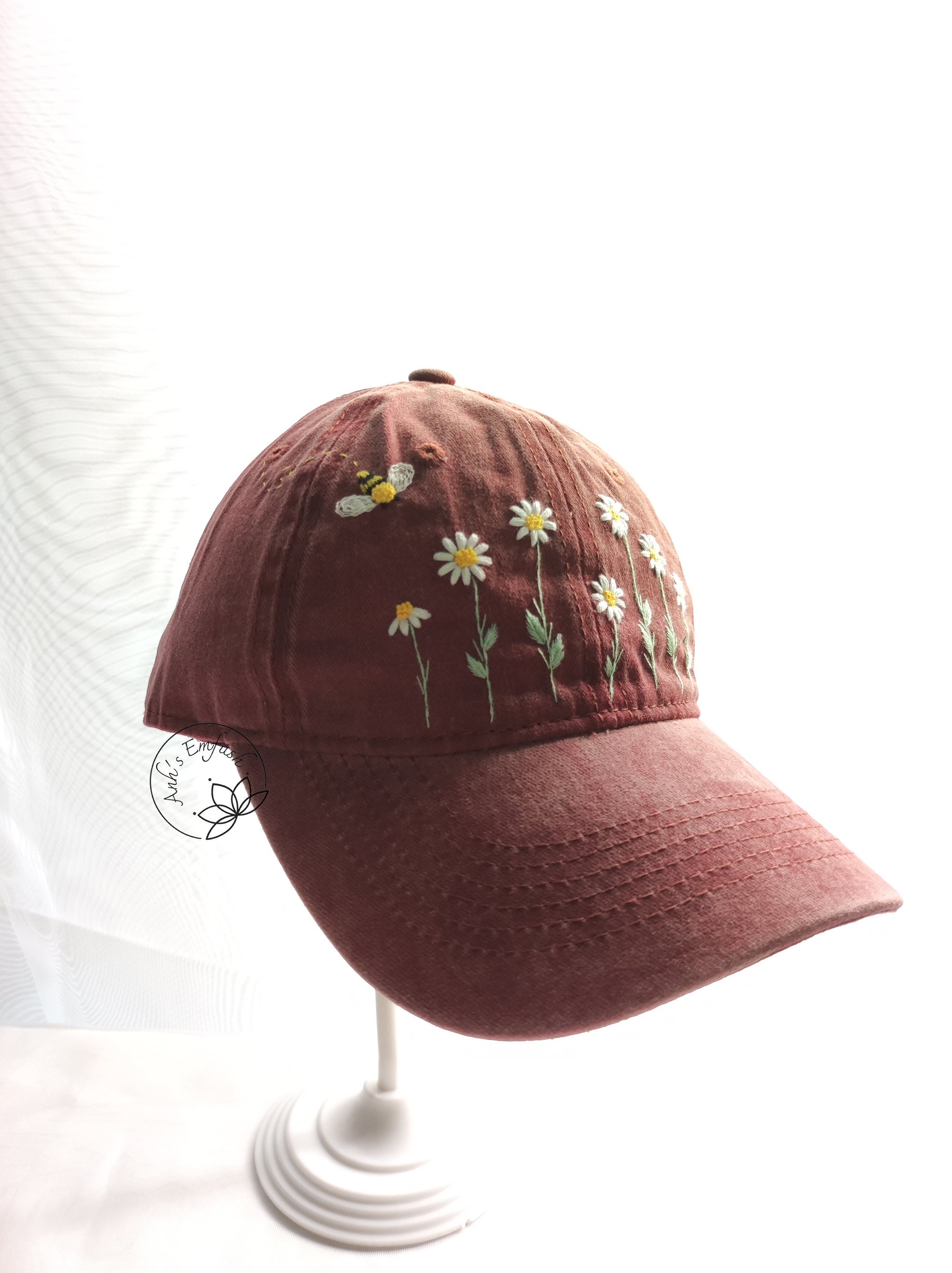 Hand Embroidery Daisy and Bee Hat, Floral Denim Cap, Baseball Cap ...