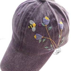 Hand Embroidery Flower and Bee Hat, Purple Denim Cap, Floral Hat ...