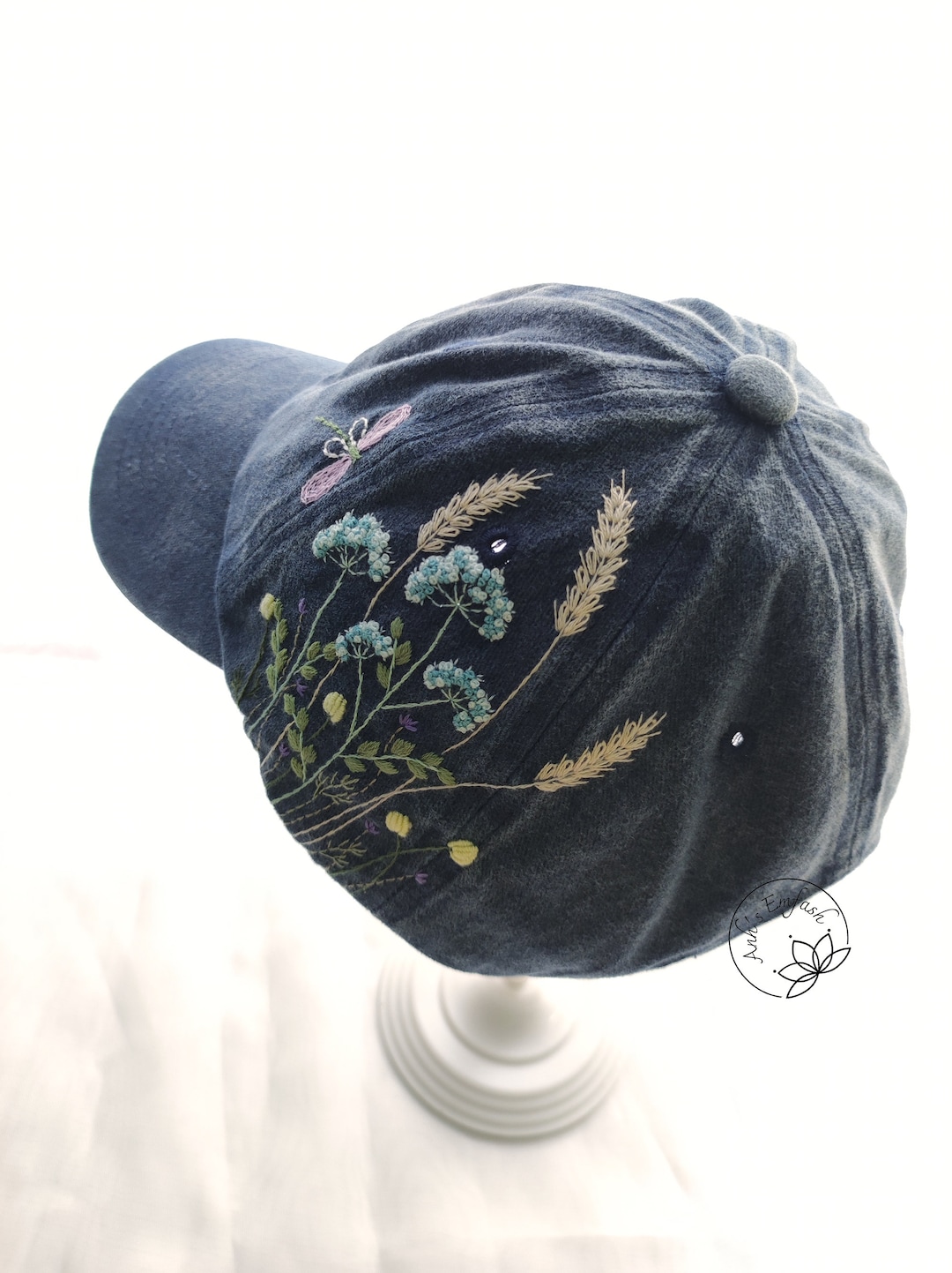Hand Embroidery Wild Flower and Dragonfly Hat, Baseball Cap, Blue Denim ...