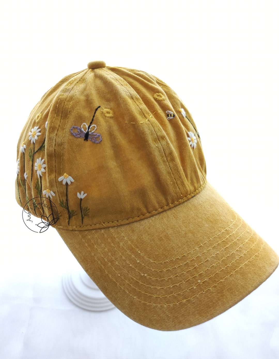 Hand Embroidery Daisy and Dragonfly Hat, Yellow Denim Cap, Floral Hat ...