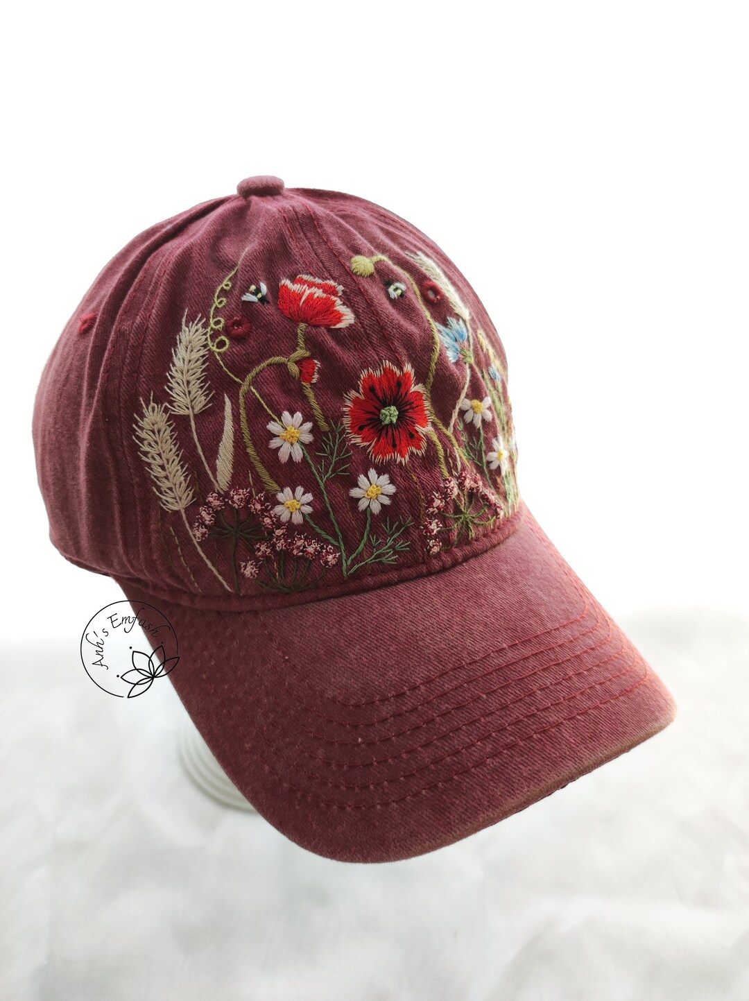 Ready for Shipping Hand Embroidery Poppies and Floral Baseball Cap, Red ...