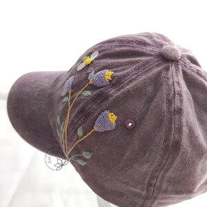 Hand Embroidery Flower and Bee Hat, Purple Denim Cap, Floral Hat ...