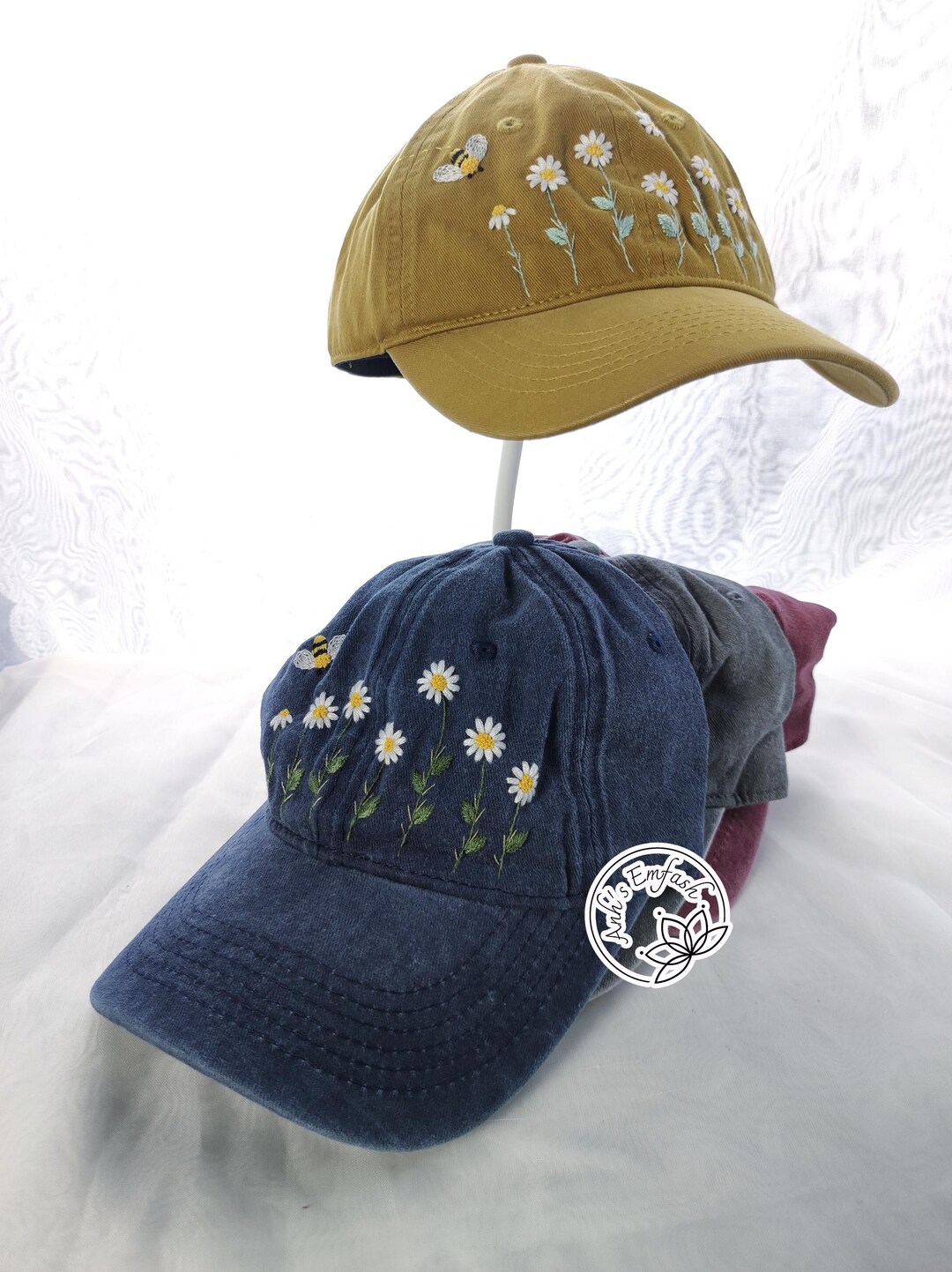 Hand Embroidery Daisy and Bee Hat, Floral Denim Cap, Baseball Cap ...