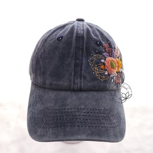 Hand Embroidery Bouquet Flower Baseball Cap, Blue Denim Hat ...