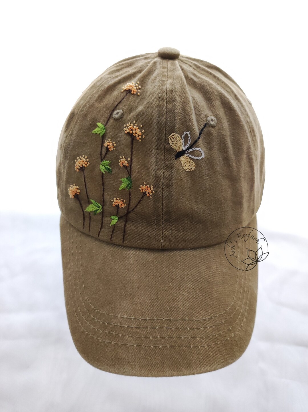 Hand Embroidery Dragonfly and Flower Hat, Khaki Color Denim Cap ...