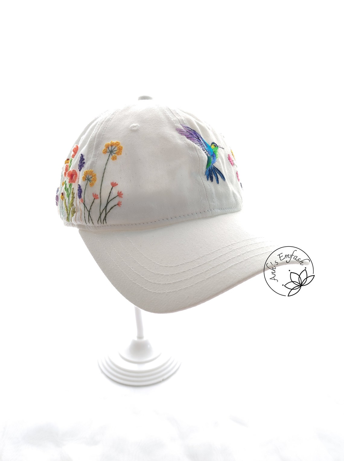 Hand Embroidered Wild Flower and Hummingbird Khaki Cap, Floral Khaki ...