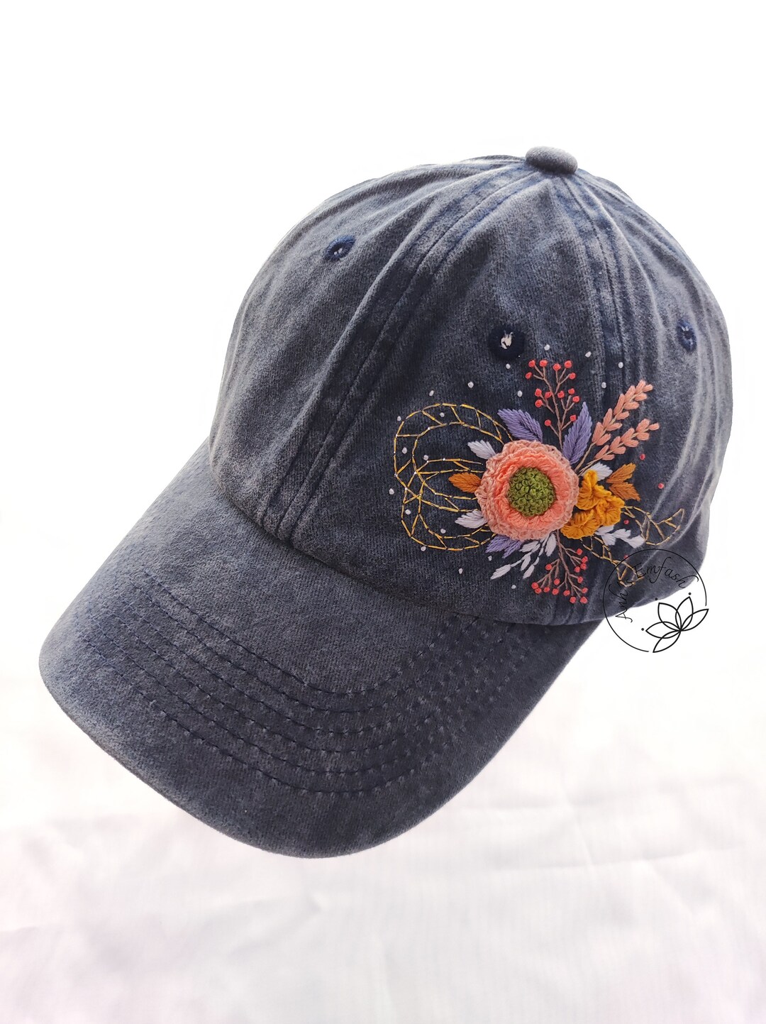 Hand Embroidery Bouquet Flower Baseball Cap, Blue Denim Hat ...