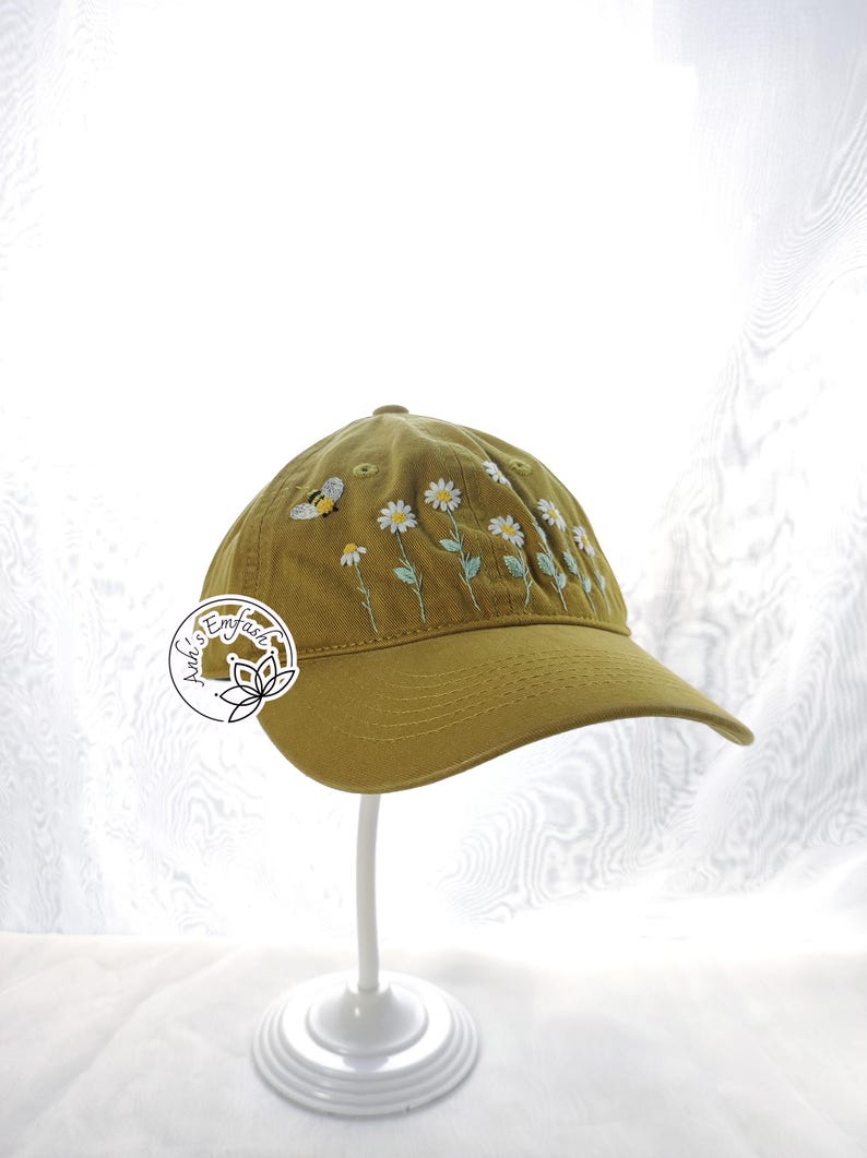 Hand Embroidery Daisy and Bee Hat, Floral Denim Cap, Baseball Cap ...