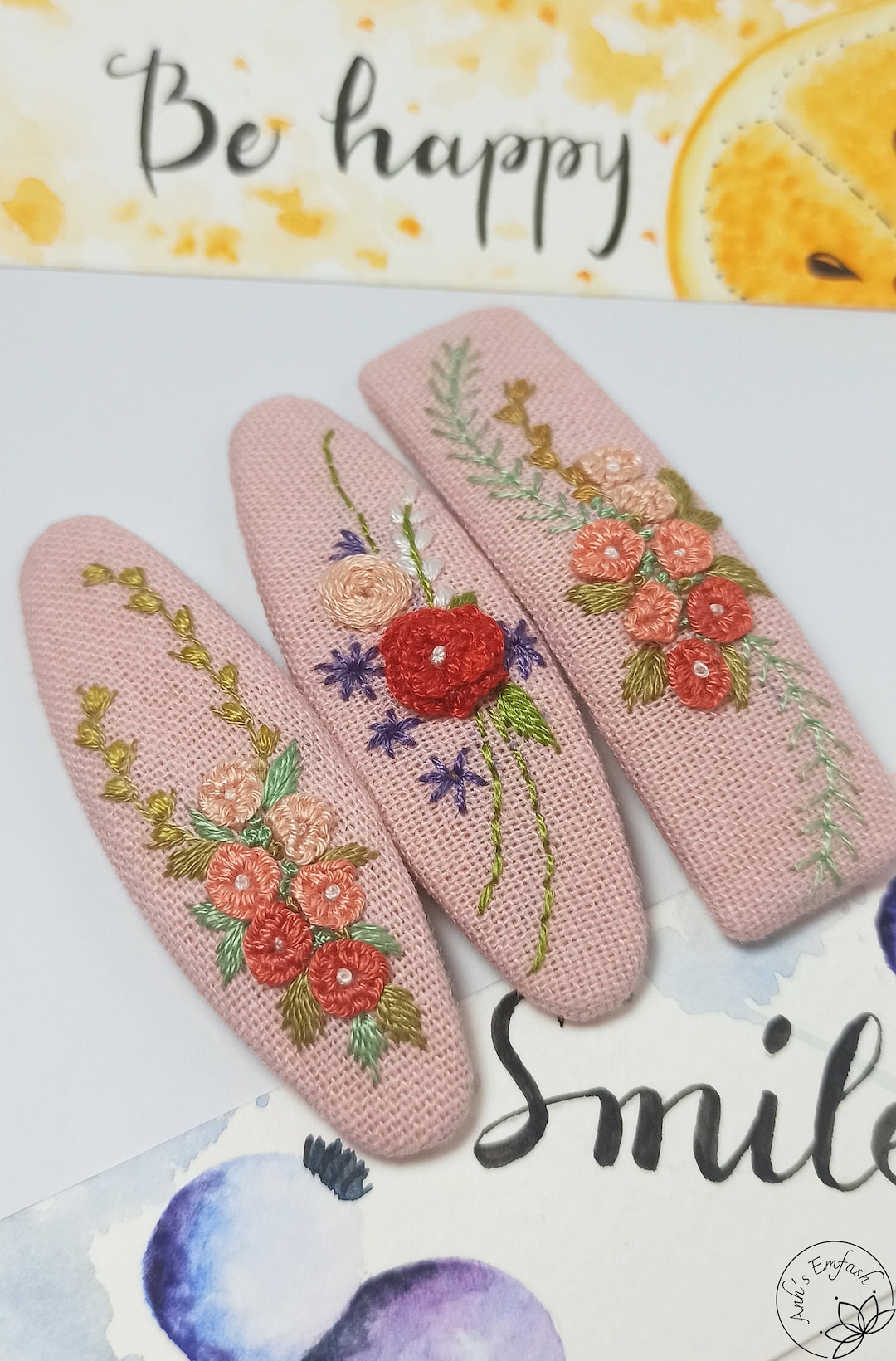 Set 3 Pink Hand Embroidered Hair Clips, Embroidered Floral Hairclips ...