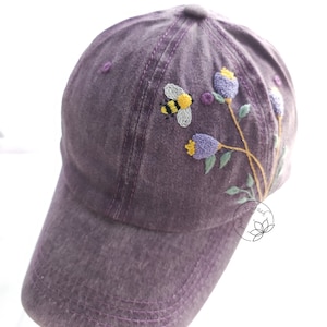 Hand Embroidery Flower and Bee Hat, Purple Denim Cap, Floral Hat ...