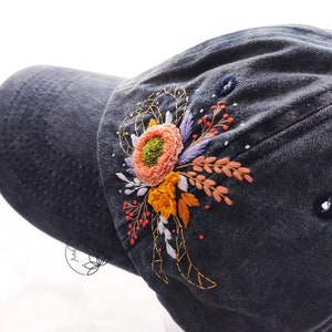 Hand Embroidery Bouquet Flower Baseball Cap, Blue Denim Hat ...