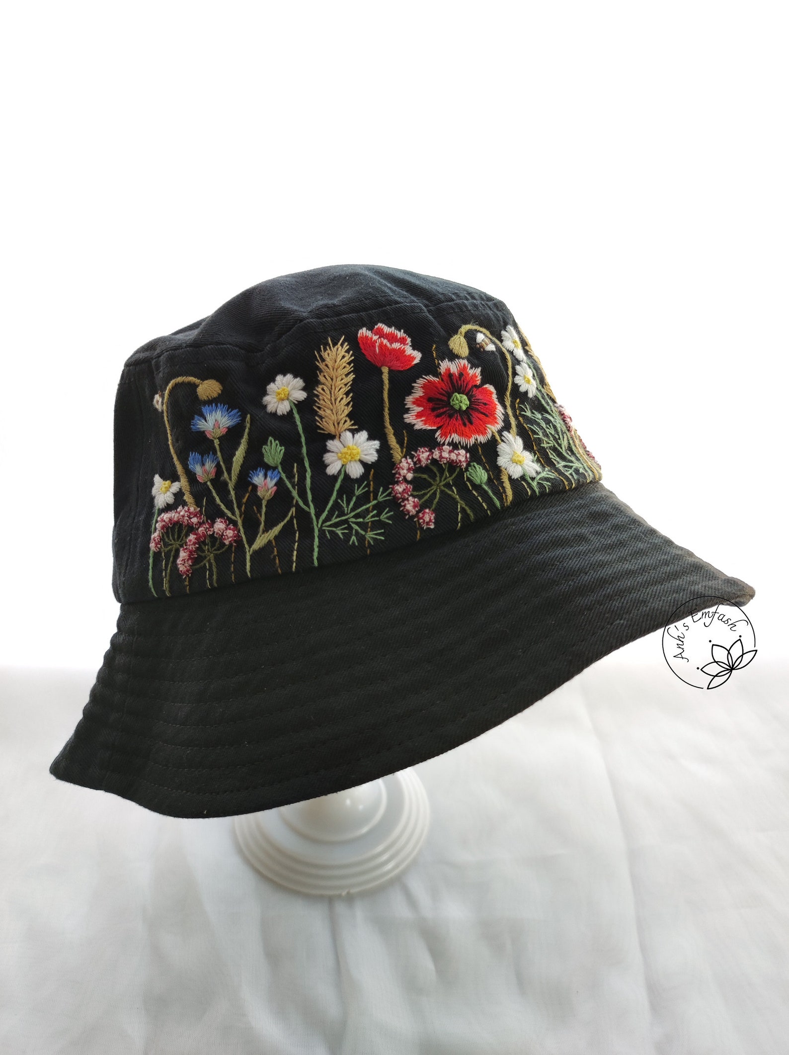 Hand Embroidery Poppies and Cornflowers Bucket Hat, Embroidered Floral ...