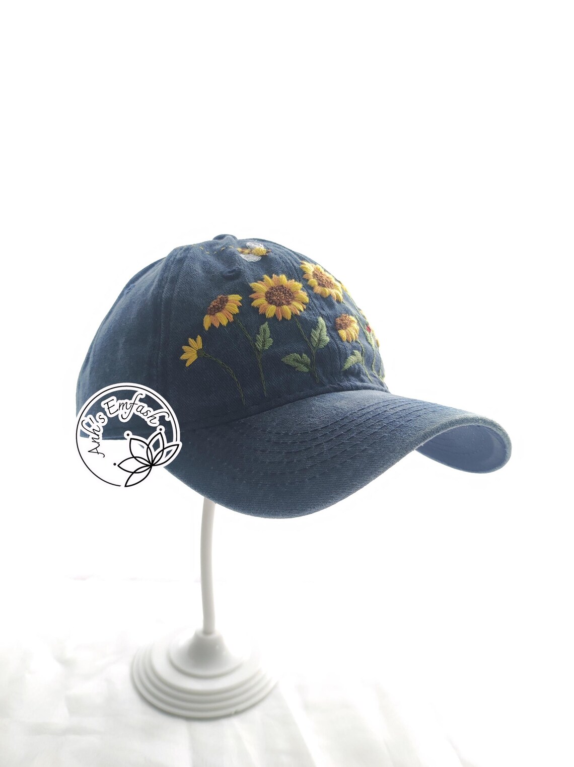 Hand Embroidery Sunflowers and Bee Hat, Floral Hat, Embroidered Flower ...