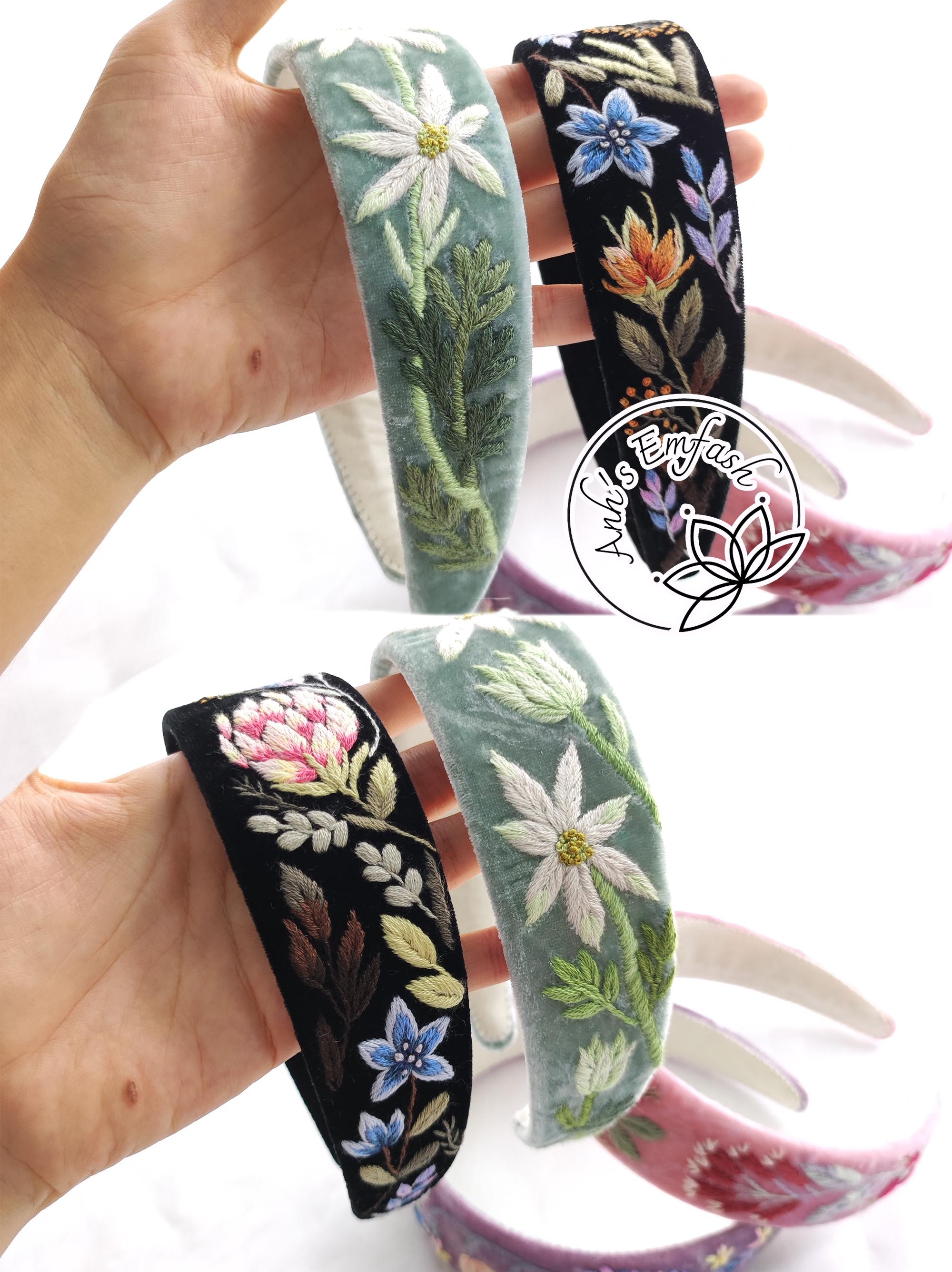 Full Embroidered Velvet Headband, Embroidery Floral Headband, Hair ...