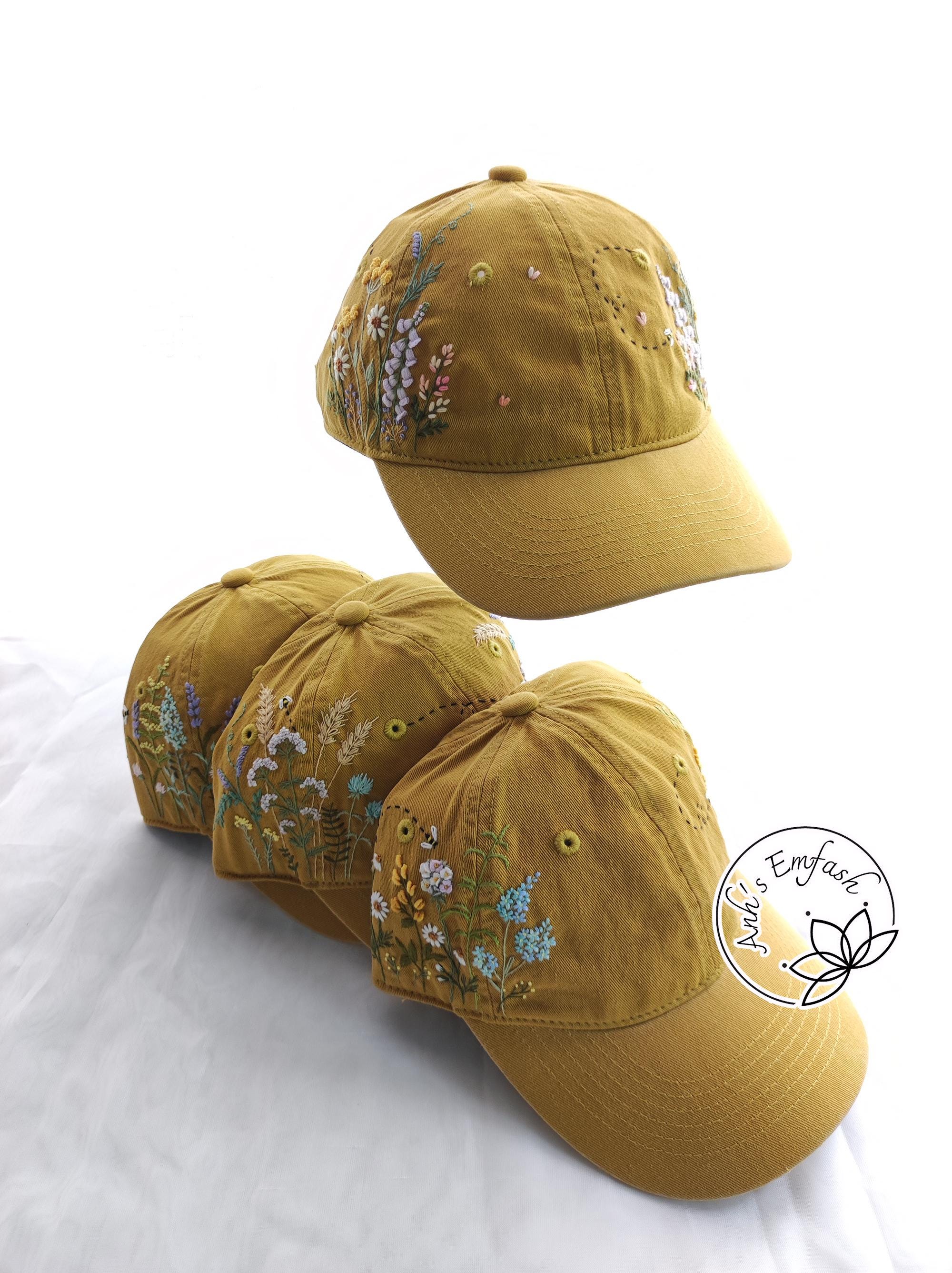 Hand Embroidery Daisy and Bee Hat, Floral Denim Cap, Baseball Cap ...