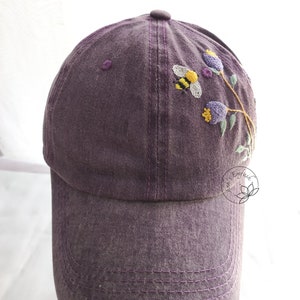 Hand Embroidery Flower and Bee Hat, Purple Denim Cap, Floral Hat ...