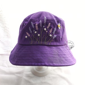 Hand Embroidery Lavender and Bee Bucket Hat, Khaki Bucket Hat ...
