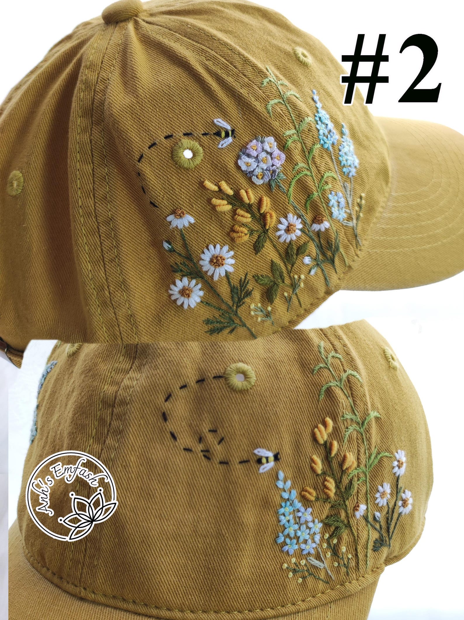 Hand Embroidery Daisy and Bee Hat, Floral Denim Cap, Baseball Cap ...