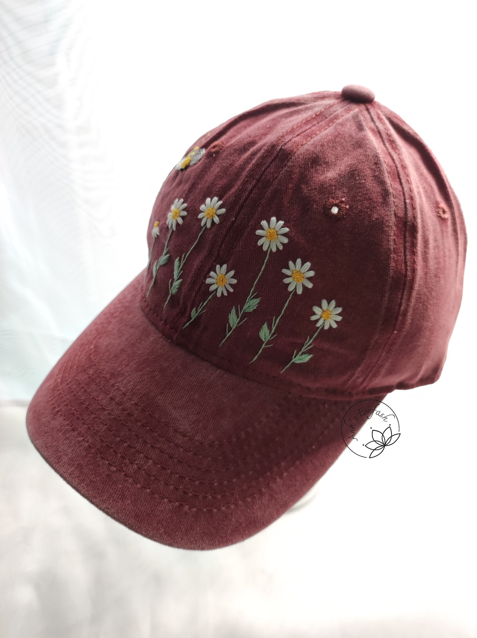 Hand Embroidery Daisy and Bee Hat, Floral Denim Cap, Baseball Cap ...