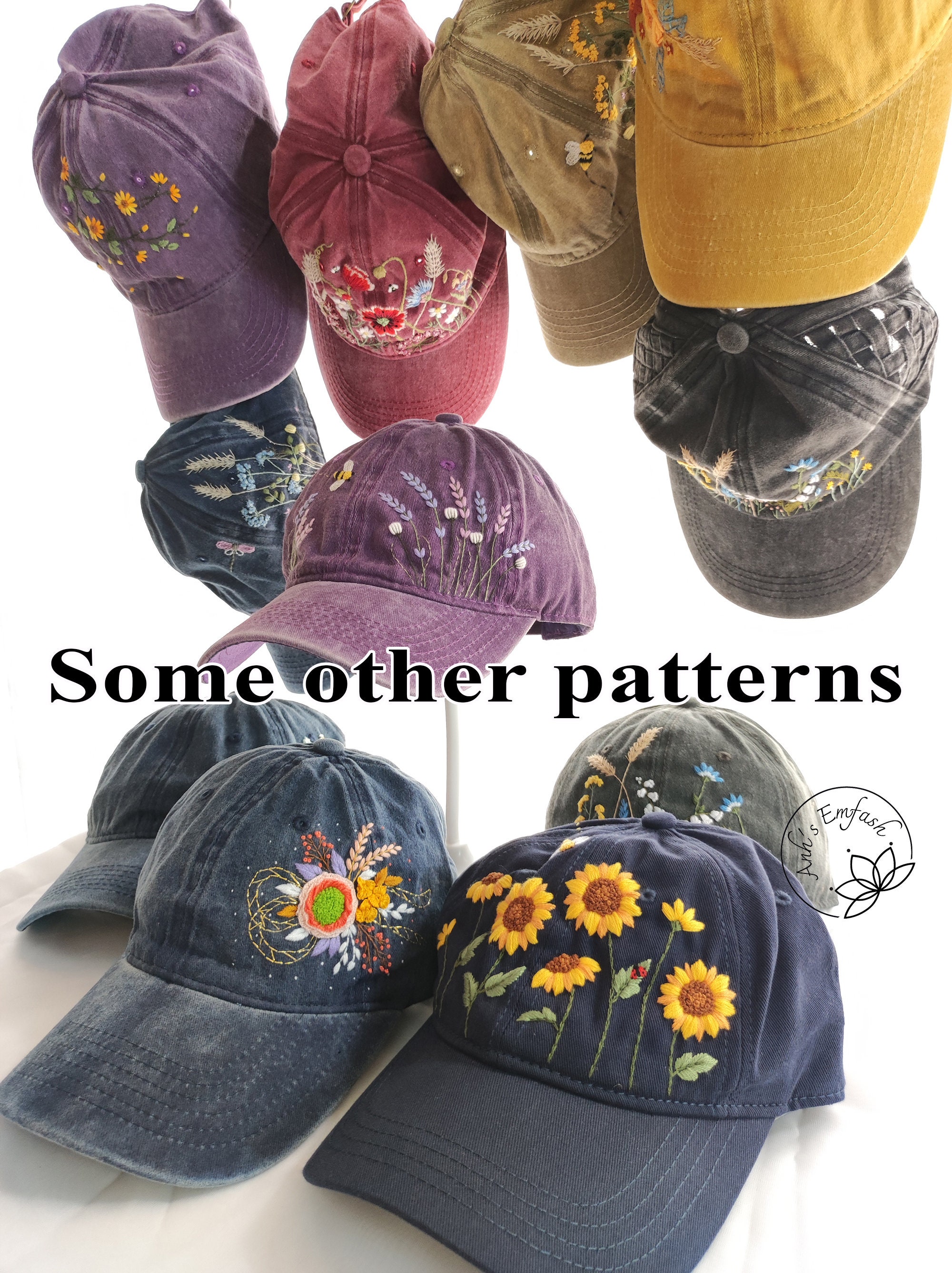 Hand Embroidery Sunflowers and Bee Hat, Black and Navy Khaki Cap ...