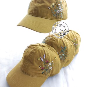 Hand Embroidery Daisy and Bee Hat, Floral Denim Cap, Baseball Cap ...