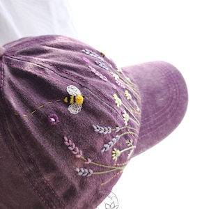 Hand Embroidery Lavender and Bee Hat, Purple Baseball Cap, Embroidered ...