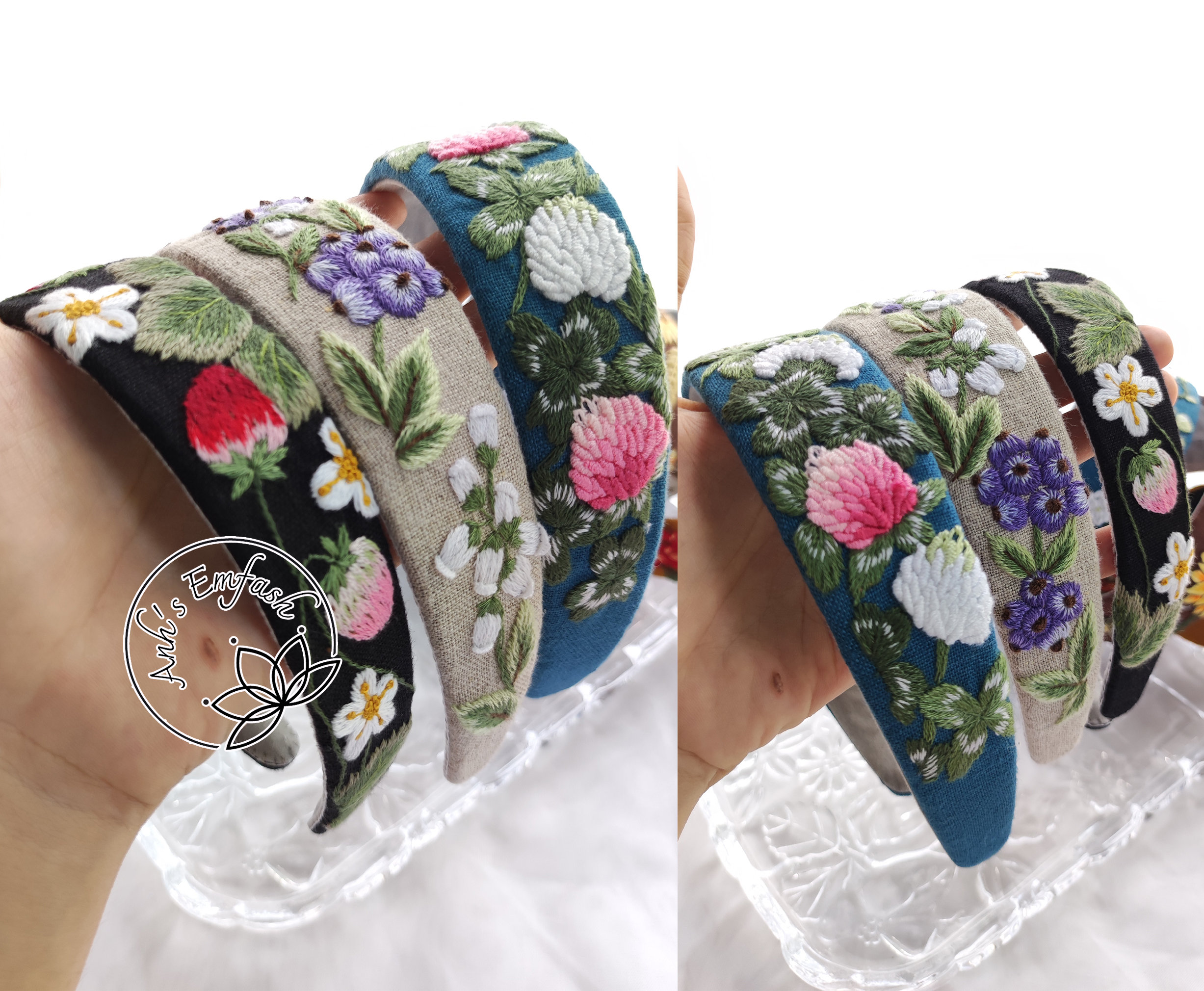 Full Embroidered Linen Headband, Embroidery Floral Headband, Hair ...