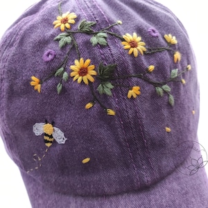 Hand Embroidery Daisy and Bee Hat, Purple Denim Cap, Floral Hat ...