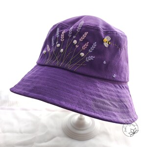 Hand Embroidery Lavender and Bee Bucket Hat, Khaki Bucket Hat ...