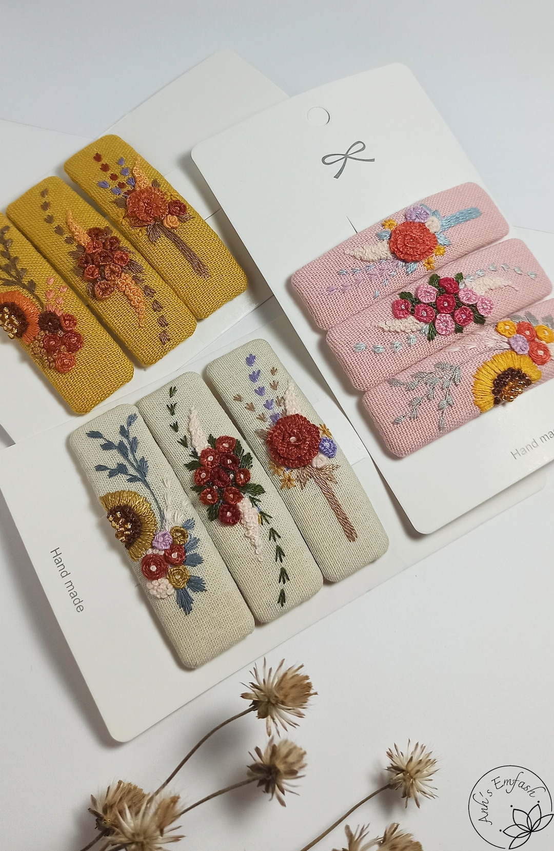 Set of 3 Hand Embroidered Floral Hair Clips, Hair Snap Clips, Handmade ...