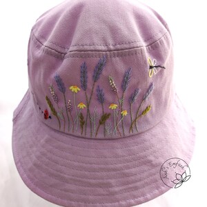 Hand Embroidery Lavender and Daisy Bucket Hat, Khaki Bucket Hat ...