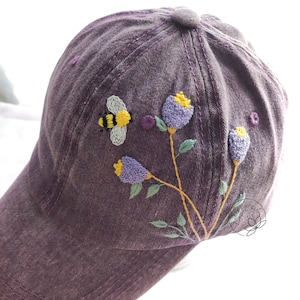 Hand Embroidery Flower and Bee Hat, Purple Denim Cap, Floral Hat ...