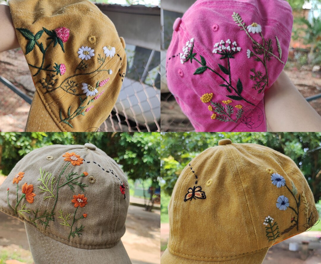 Ready to Ship Hand Embroidery Floral Hat, Botanical Denim Cap, Denim ...