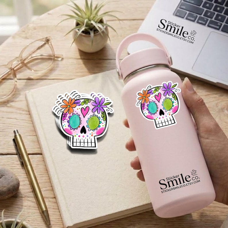 Floral Sugar Skull Sticker | Hand Drawn Water Resistant Vinyl Decal - Etsy