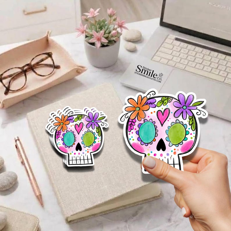 Floral Sugar Skull Sticker | Hand Drawn Water Resistant Vinyl Decal - Etsy