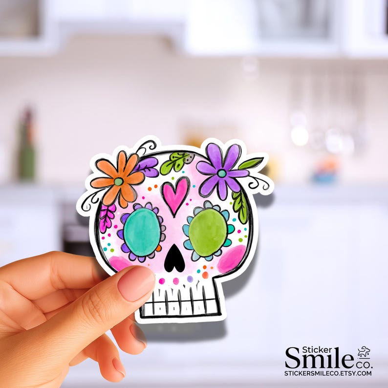 Floral Sugar Skull Sticker | Hand Drawn Water Resistant Vinyl Decal - Etsy