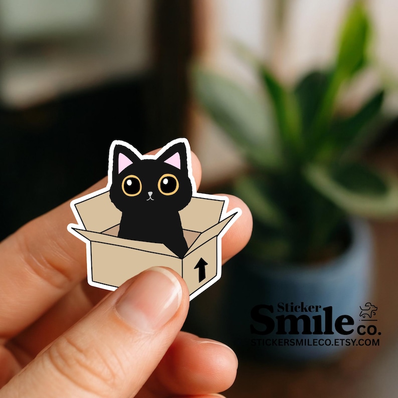 Black Cat Sticker, Kitty Inside Brown Box Vinyl Decal, Feline Cardboard ...