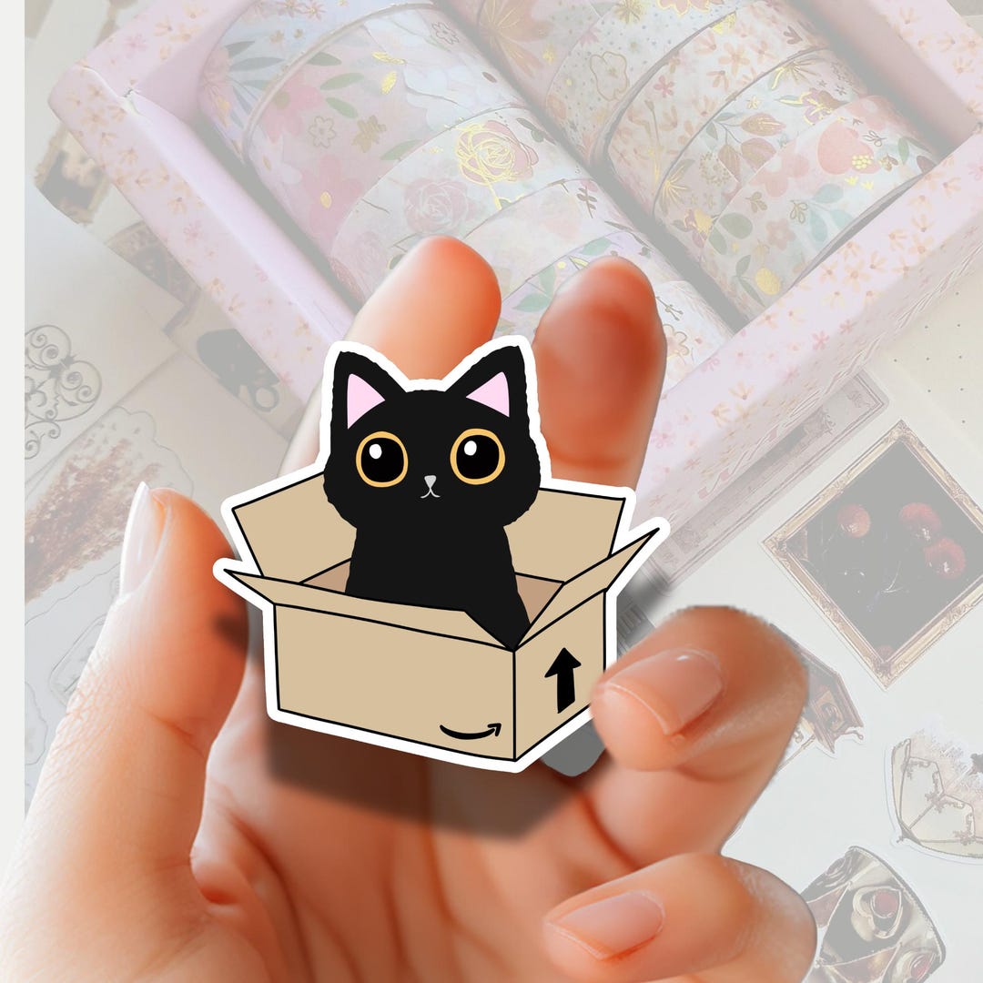 Black Cat Sticker, Kitty Inside Brown Box Vinyl Decal, Feline Cardboard ...