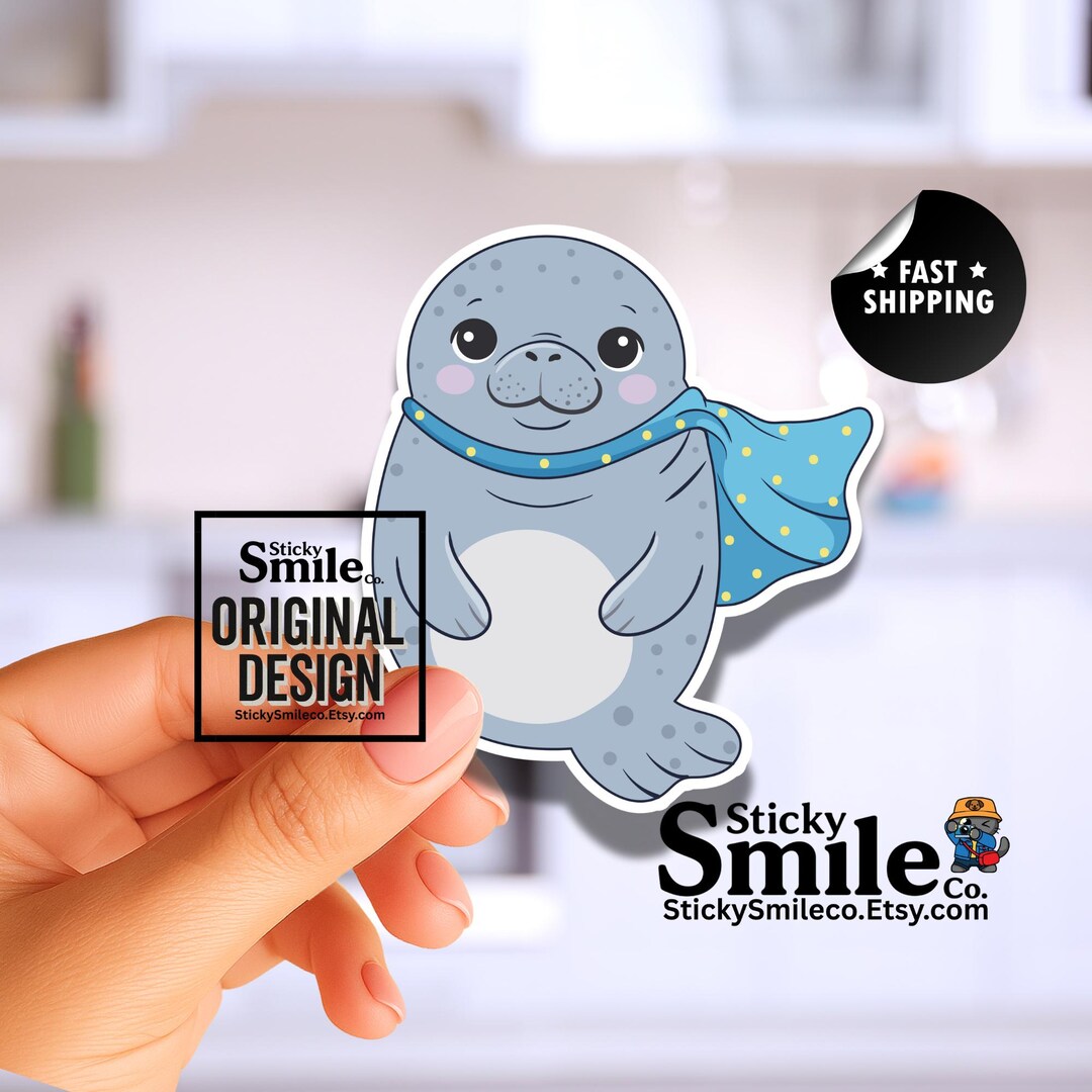 Manatee Sticker With Scarf – Cozy Sea Cow Vinyl Decal for Journals ...