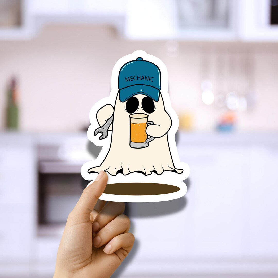 Funny Ghost Mechanic Sticker: Halloween Cartoon Decal, Water-resistant ...